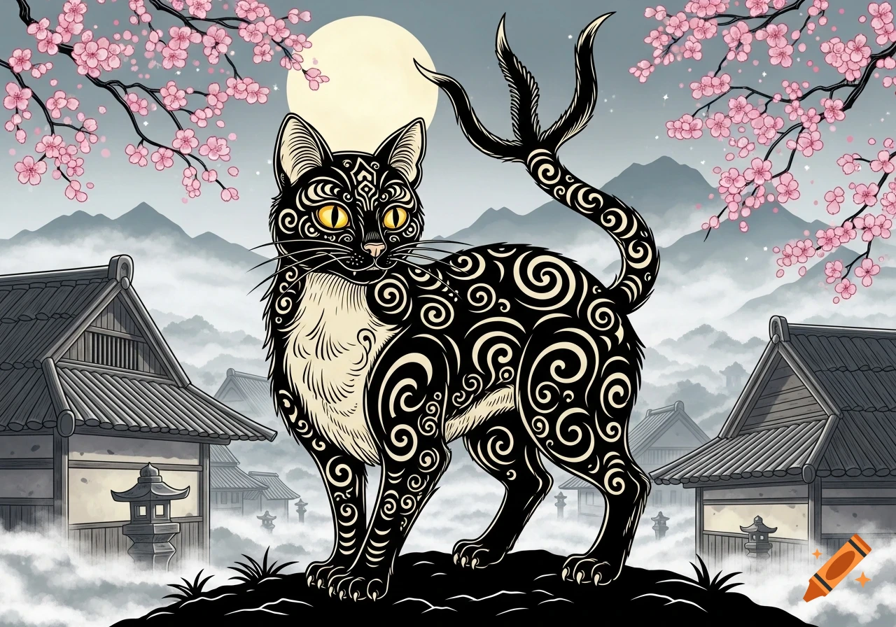 A stylized black bakeneko cat with ornate white patterns and yellow ...
