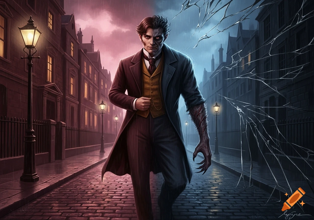 A dual-faced man, half human and half monster with a clawed hand, walks ...