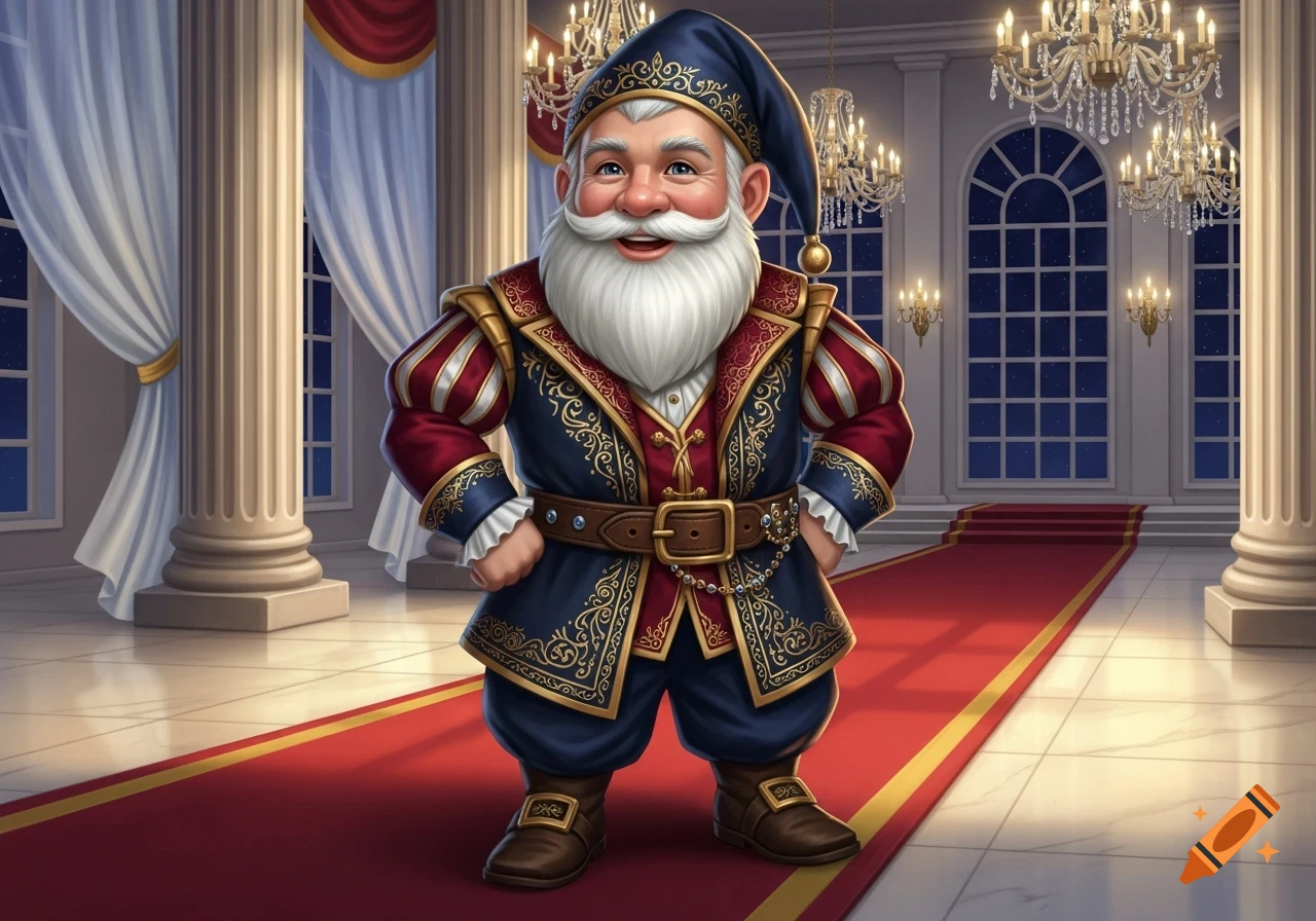 A cheerful gnome in a blue and red nobleman's suit and pointy hat ...