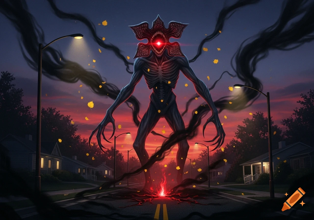 A large Demogorgon-like monster with glowing red eyes stands in a dark ...