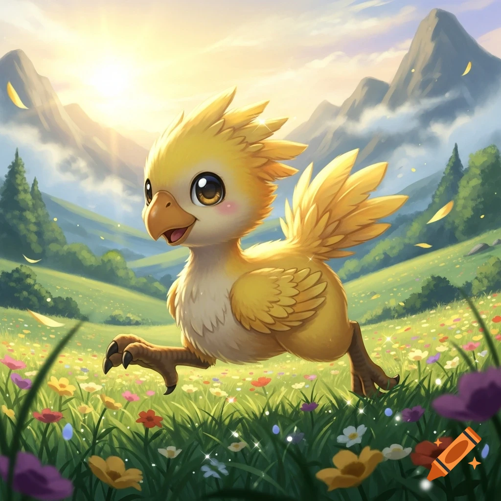 A cute anime-style yellow chocobo runs through a vibrant, flowery field ...