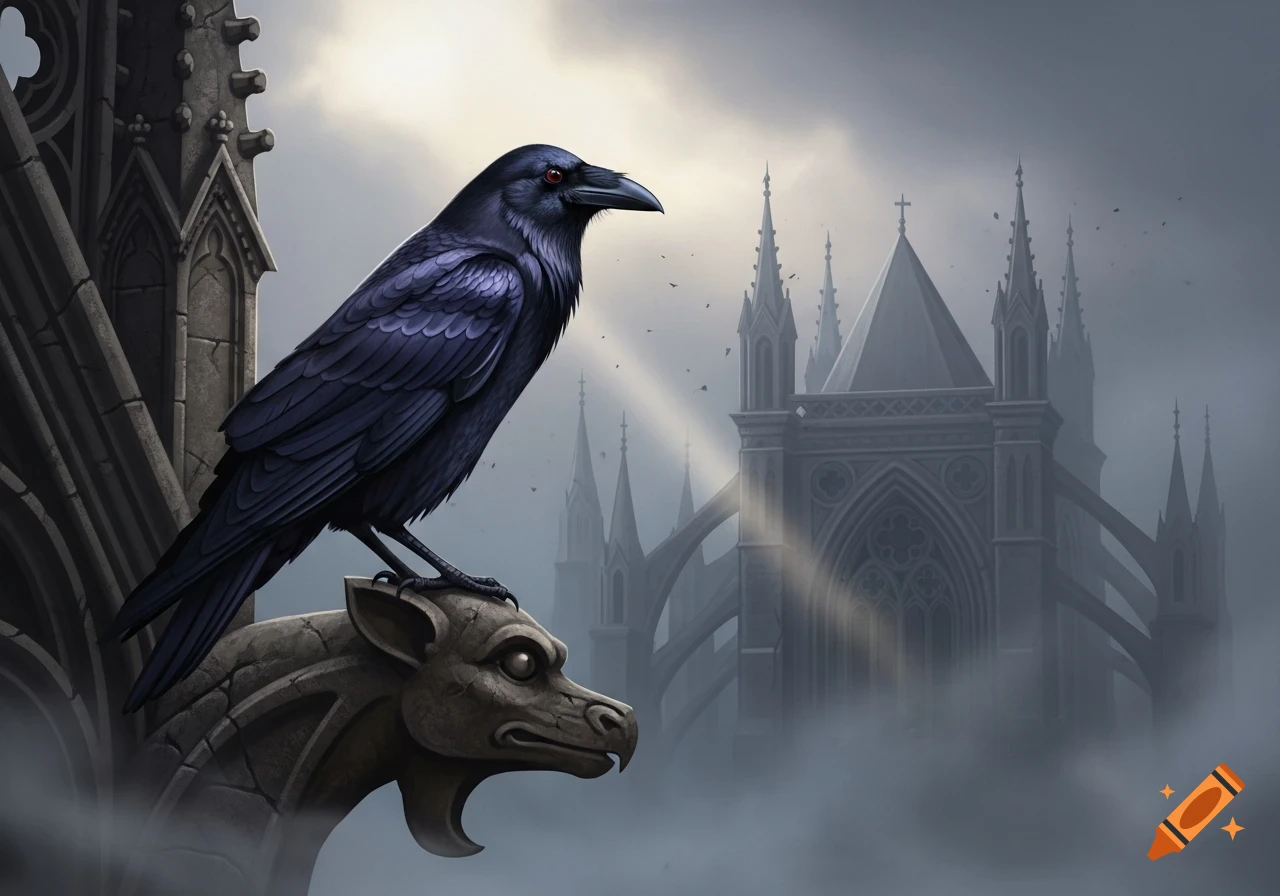 A dark raven with red eyes perches on a stone gargoyle overlooking a ...