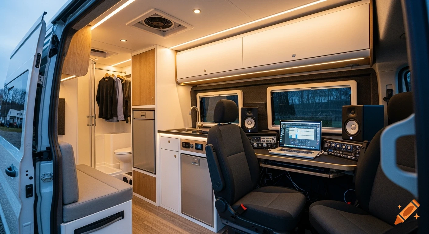 Ultra-realistic interior of a modern Ford Transit camper van with a ...
