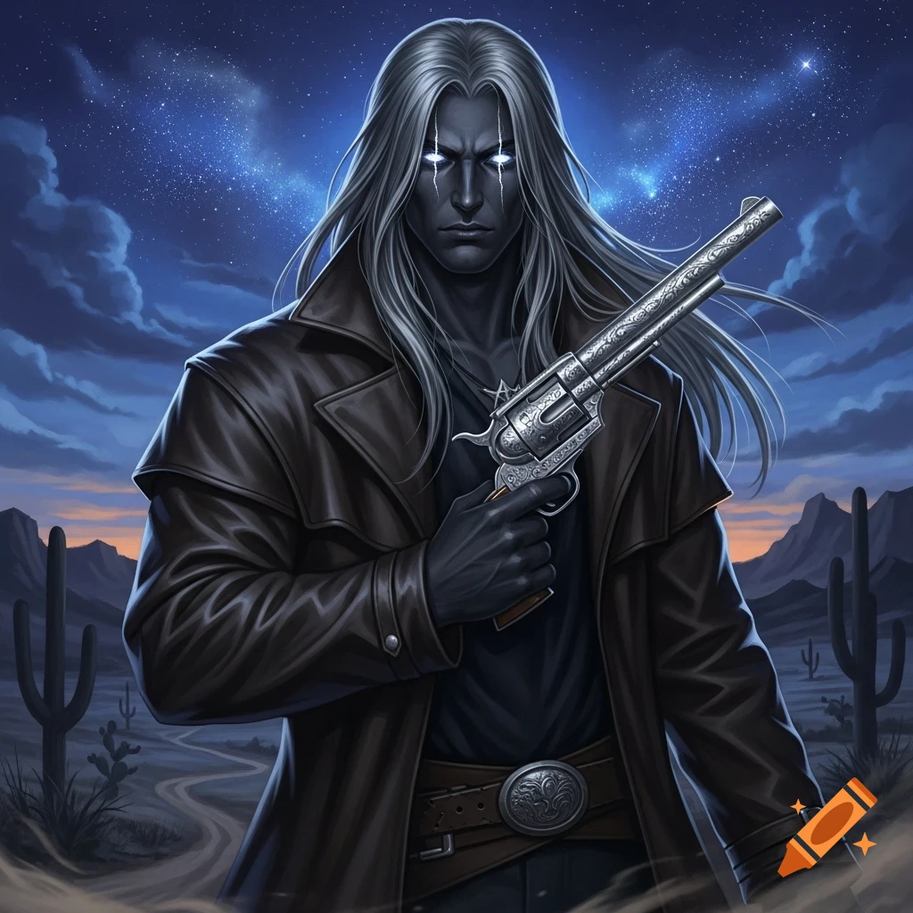 A dark-skinned fantasy gunslinger with long silver hair and glowing ...