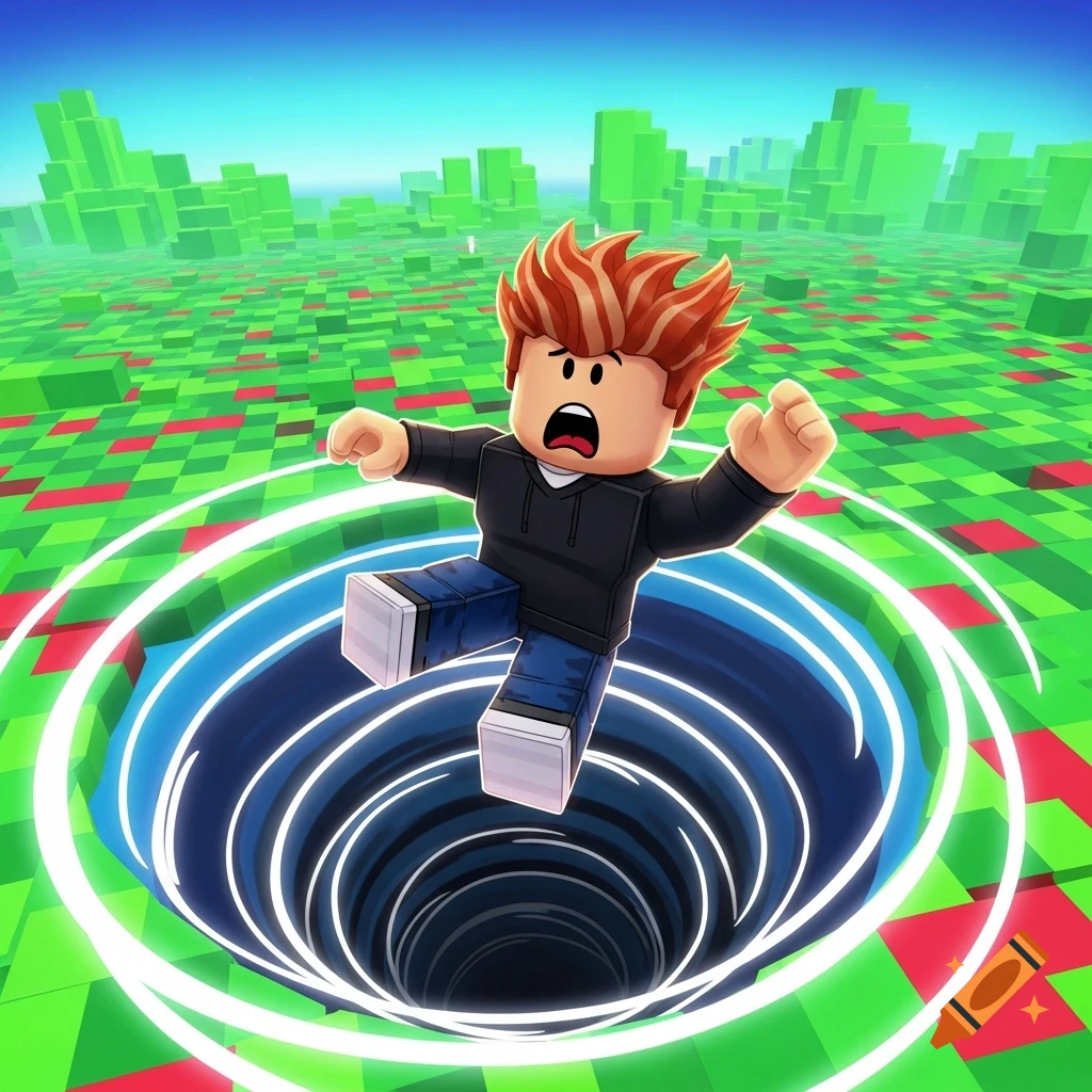 Cartoon Roblox character with orange hair falling into a glowing black ...