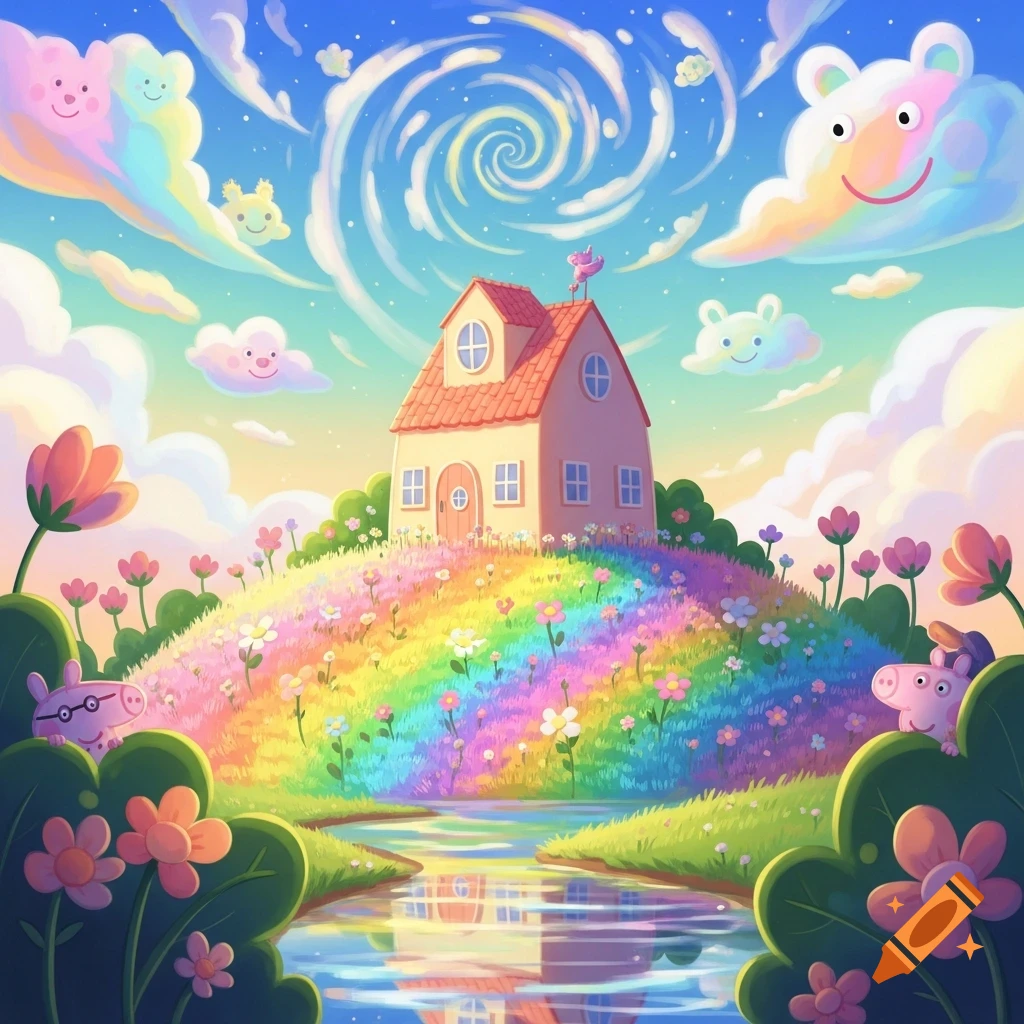 A vibrant cartoon house on a rainbow hill, surrounded by colorful ...