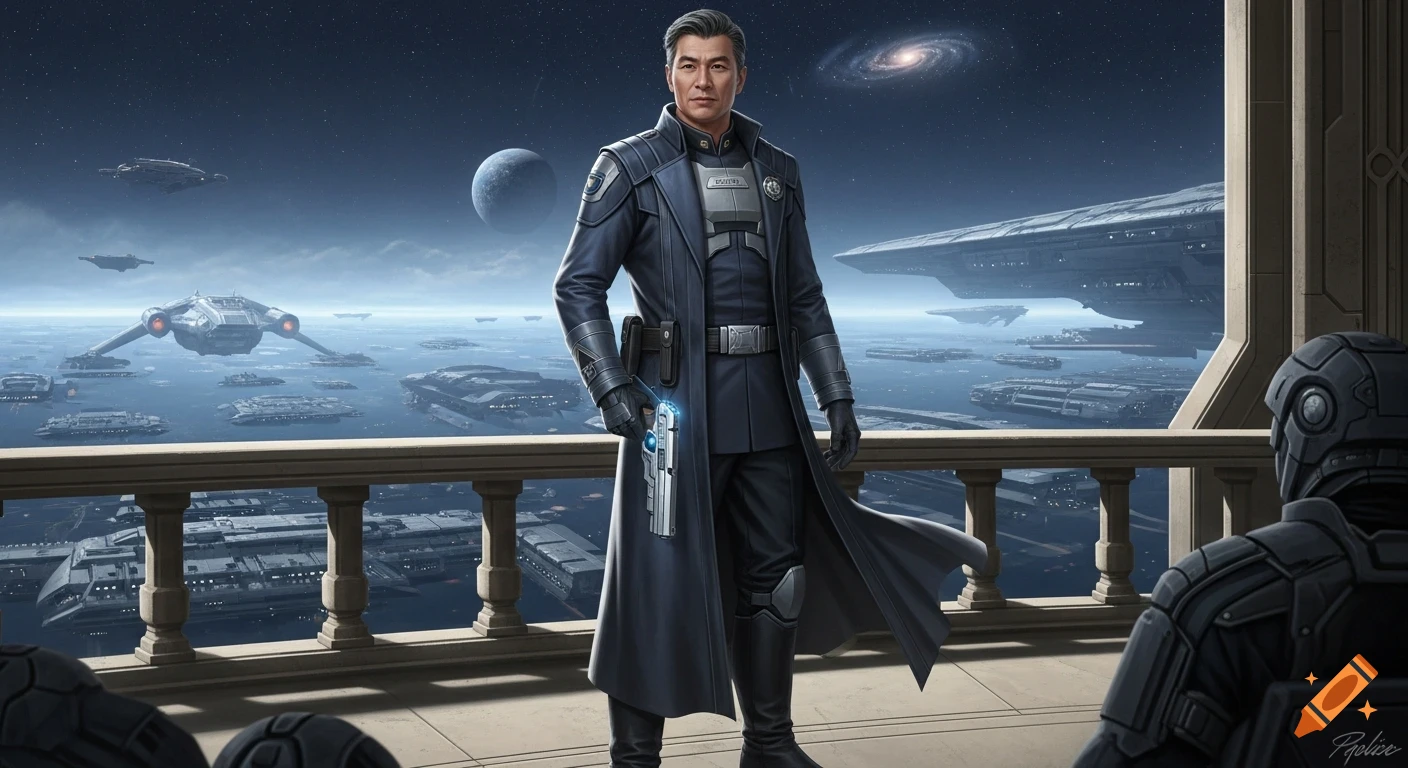 A heroic futuristic police officer in a long coat stands on a balcony ...