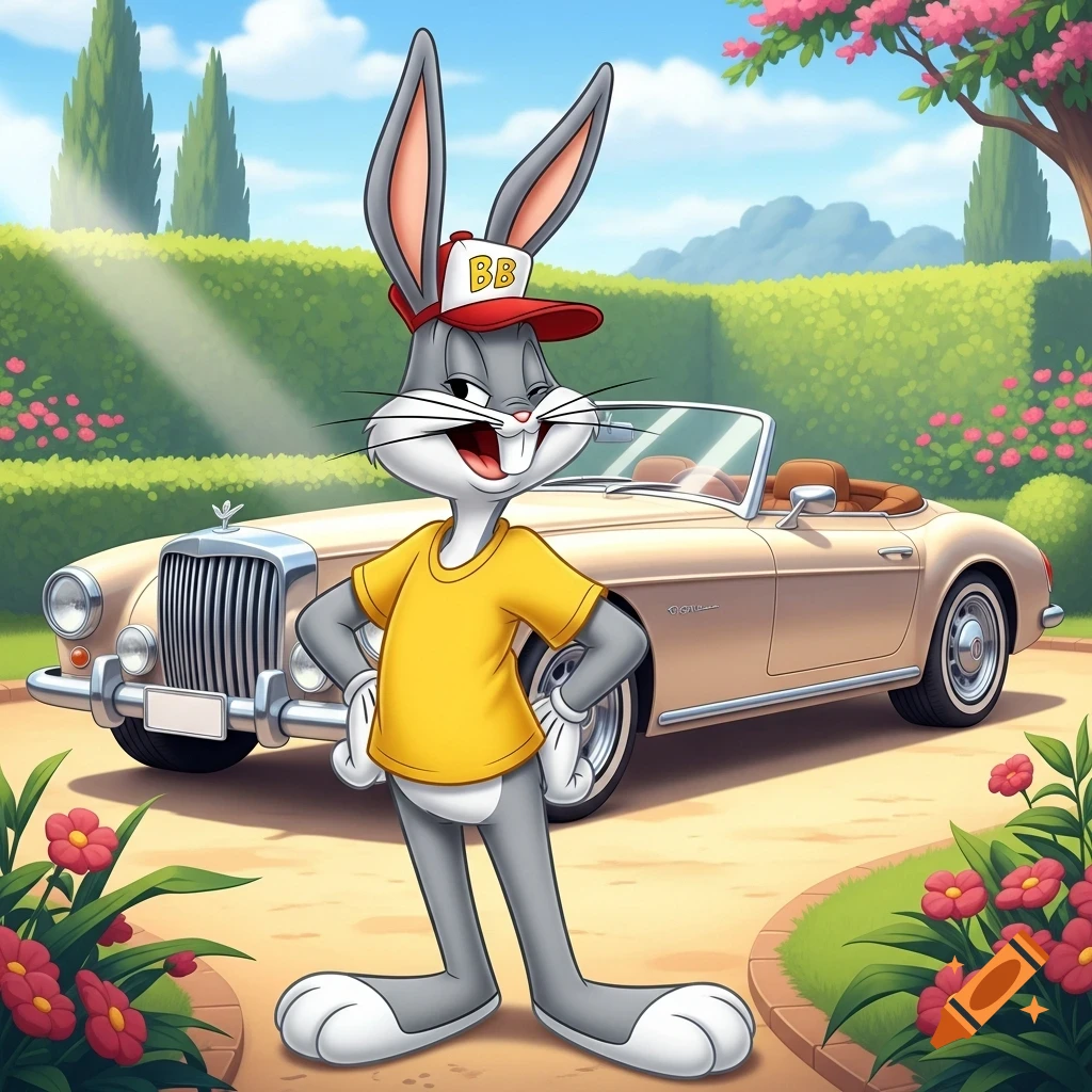 Bugs Bunny in a yellow T-shirt and BB cap, winking proudly in front of ...