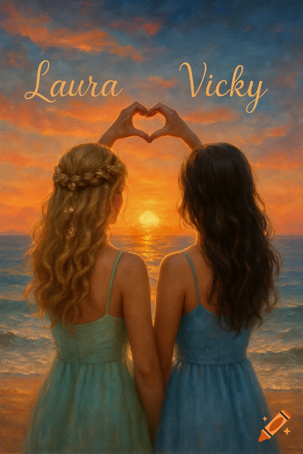 Two women from behind on a beach at sunset, holding hands and forming a ...