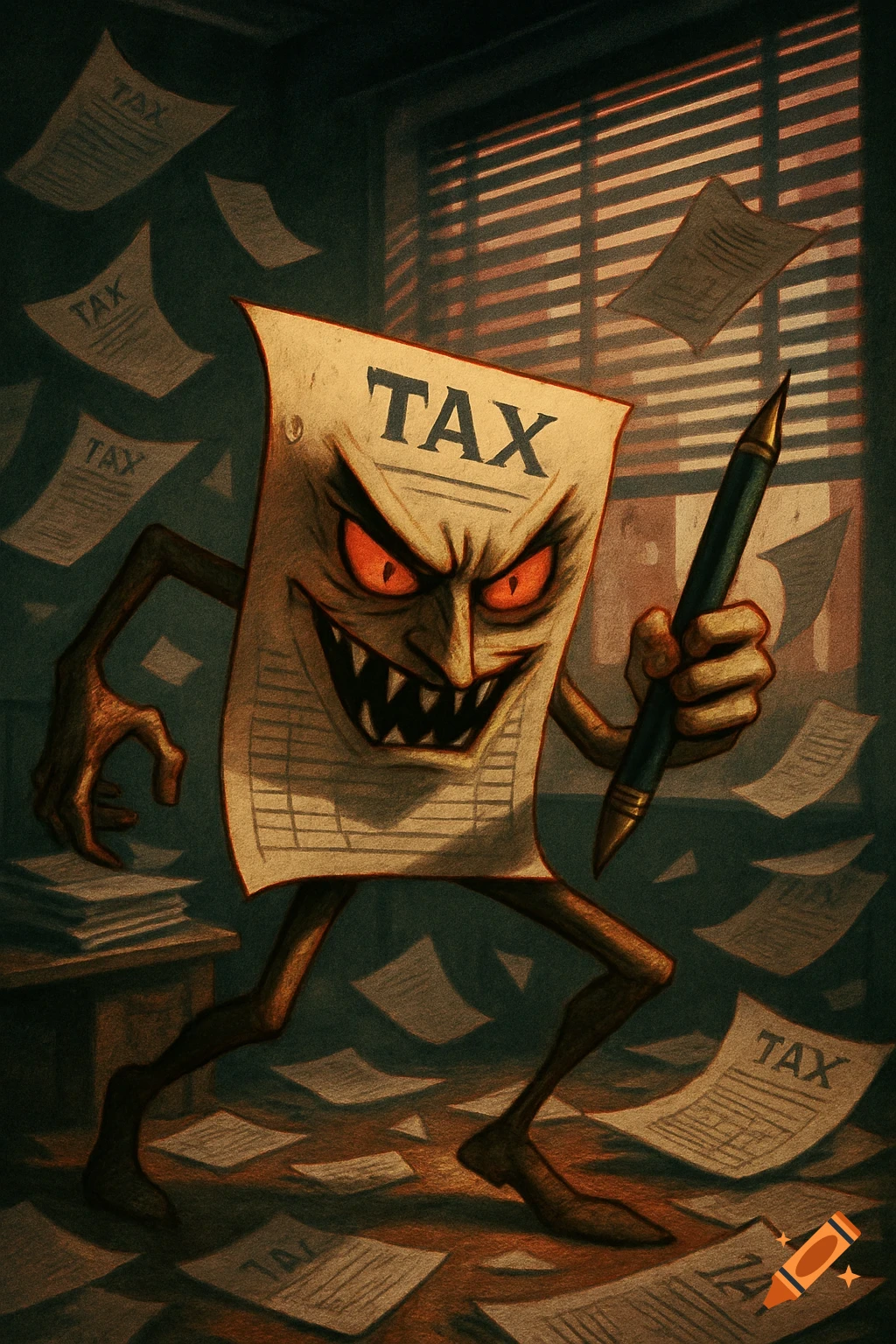 An evil, red-eyed tax paper monster with spindly limbs holds a pen ...
