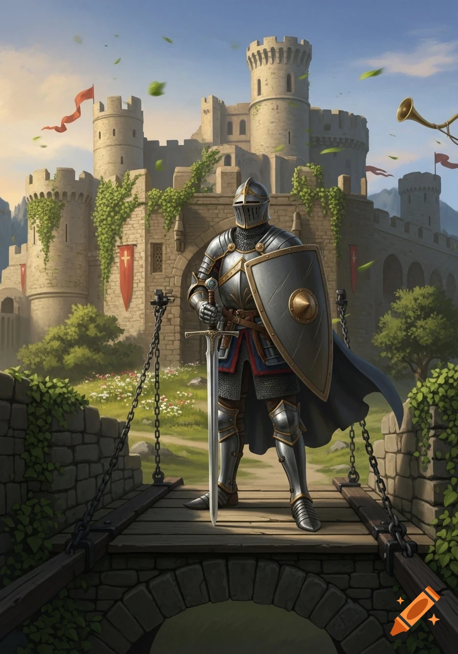 A magnificent knight in full armor with a sword and shield stands on a ...