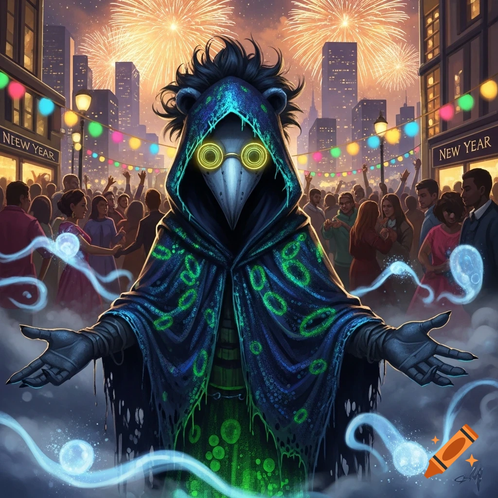 A dark, hooded plague doctor figure in a glowing blue and green cloak ...