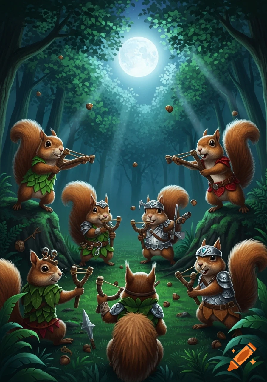 A fantasy illustration of armed squirrels in armor wielding slingshots ...