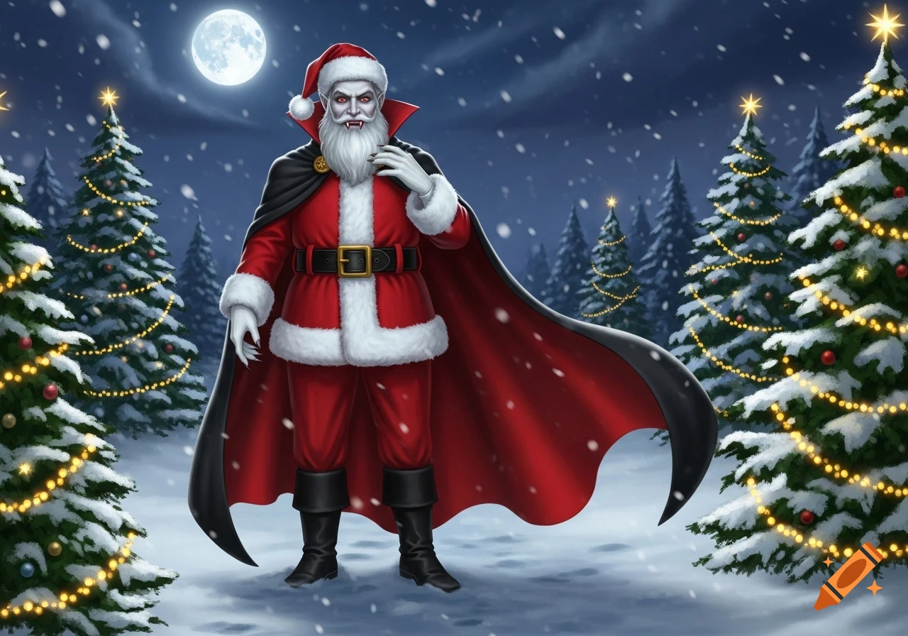 Vampire Santa Claus in a red suit and black cape stands in a snowy ...