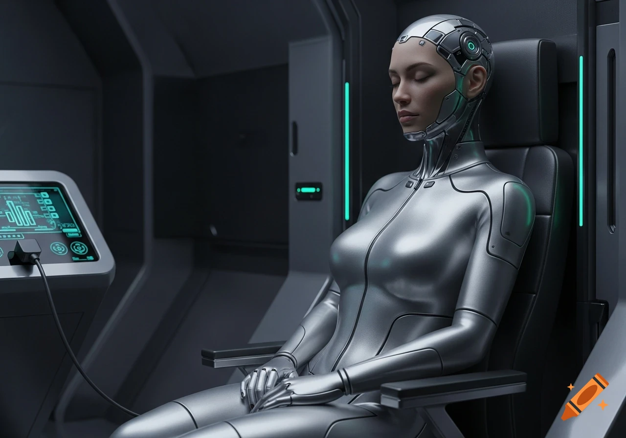 A photorealistic female cyborg with eyes closed, wearing a matte silver ...