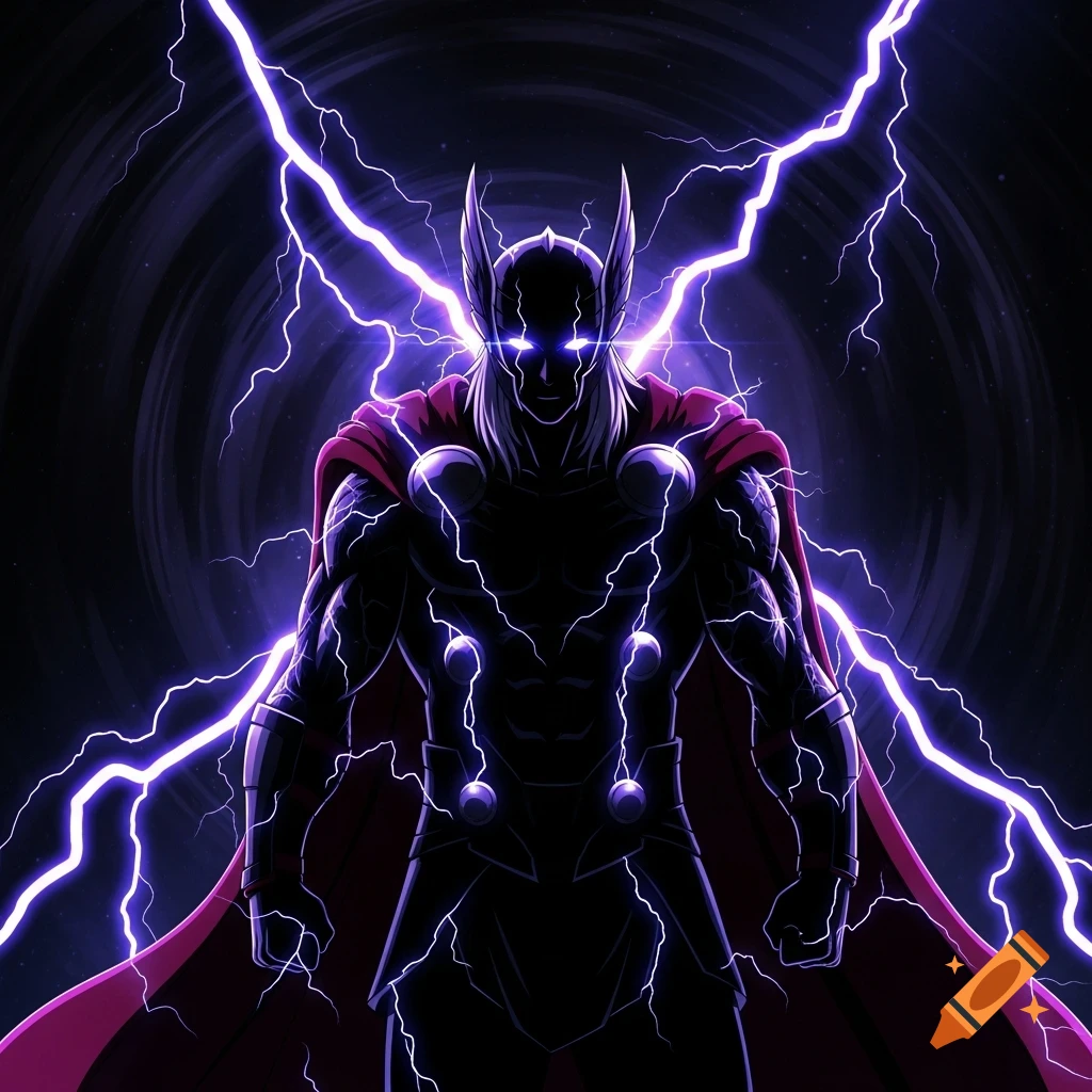 Anime style illustration of Thor as a black silhouette with glowing ...
