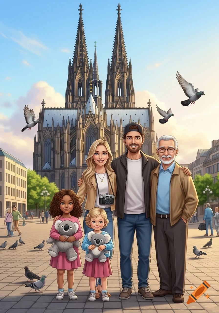 A cartoon family with two young girls, a mother, father, and ...