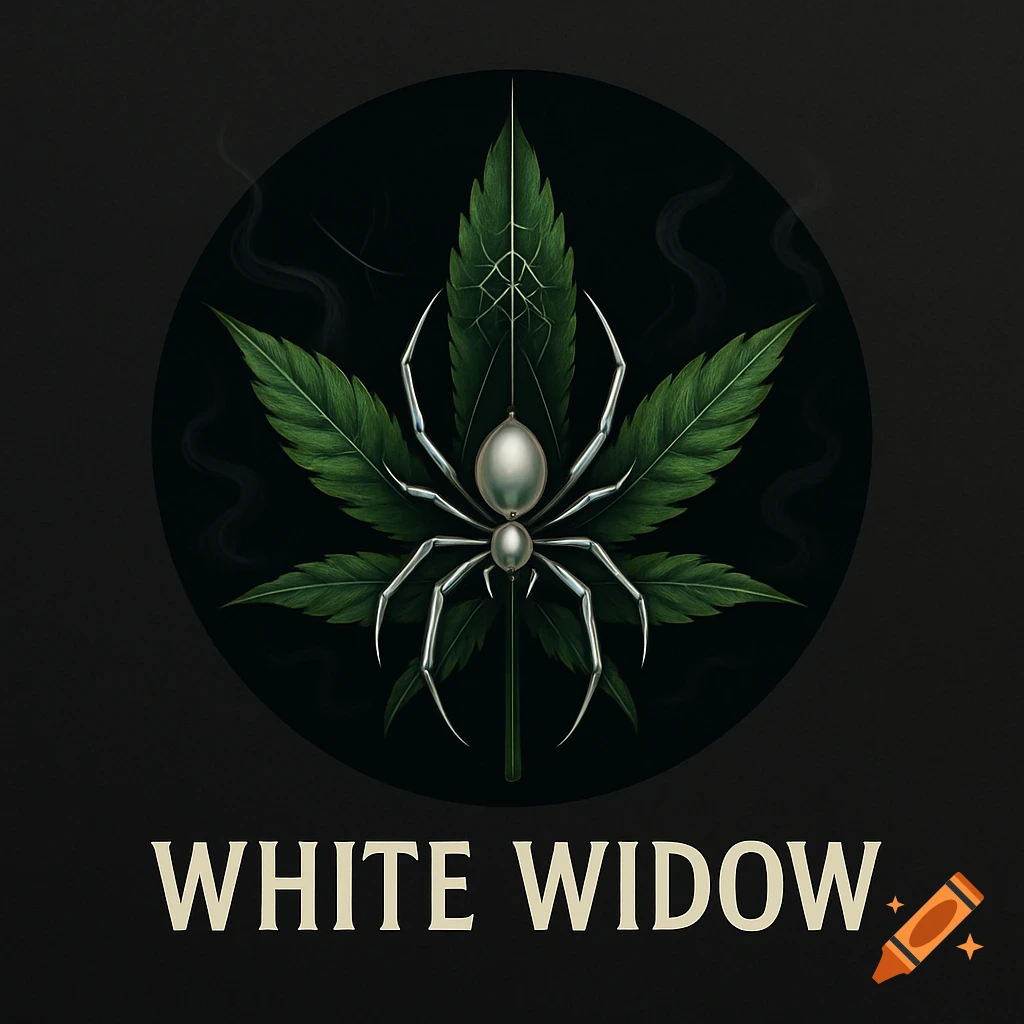 A stylized logo featuring a silver spider on a green cannabis leaf ...