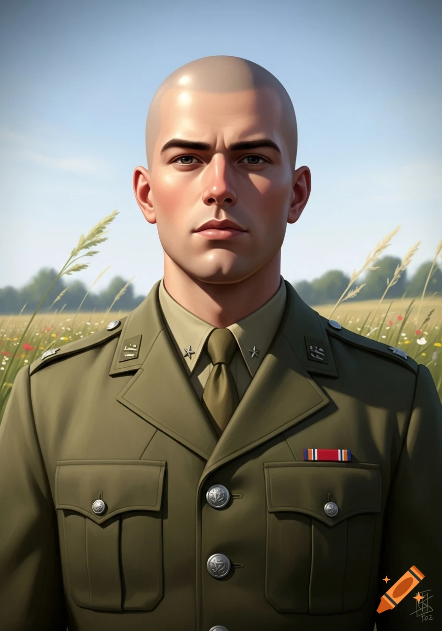 A young, bald, clean-shaven man in a green military uniform stands in a ...