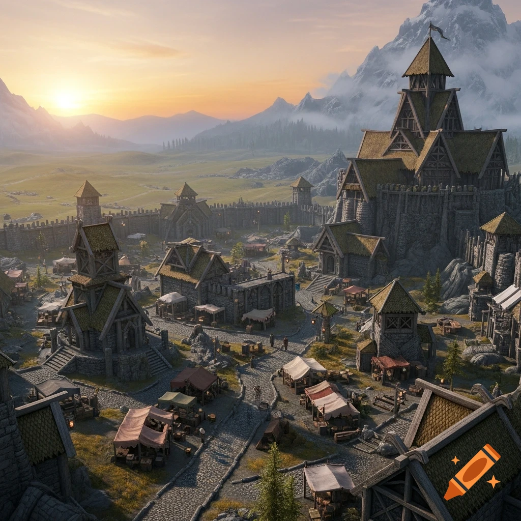 A photorealistic fantasy medieval town with a large keep and market ...