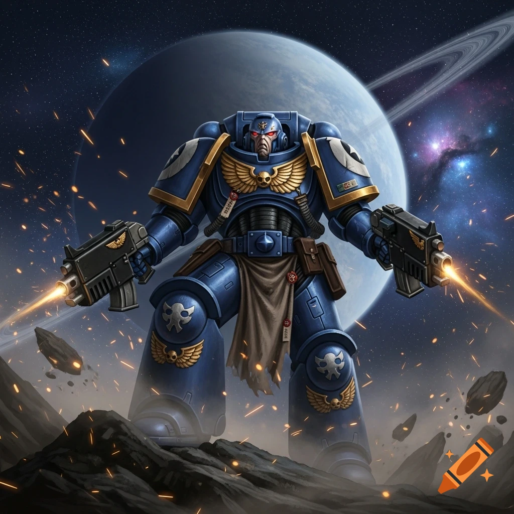A blue and gold armored Space Marine stands on a rocky alien planet ...