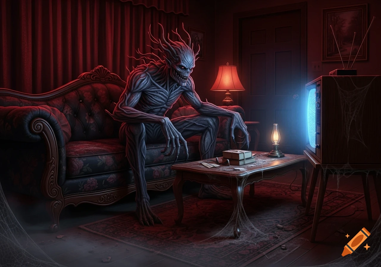 A pale, monstrous creature with an elongated head sits on a dark red ...