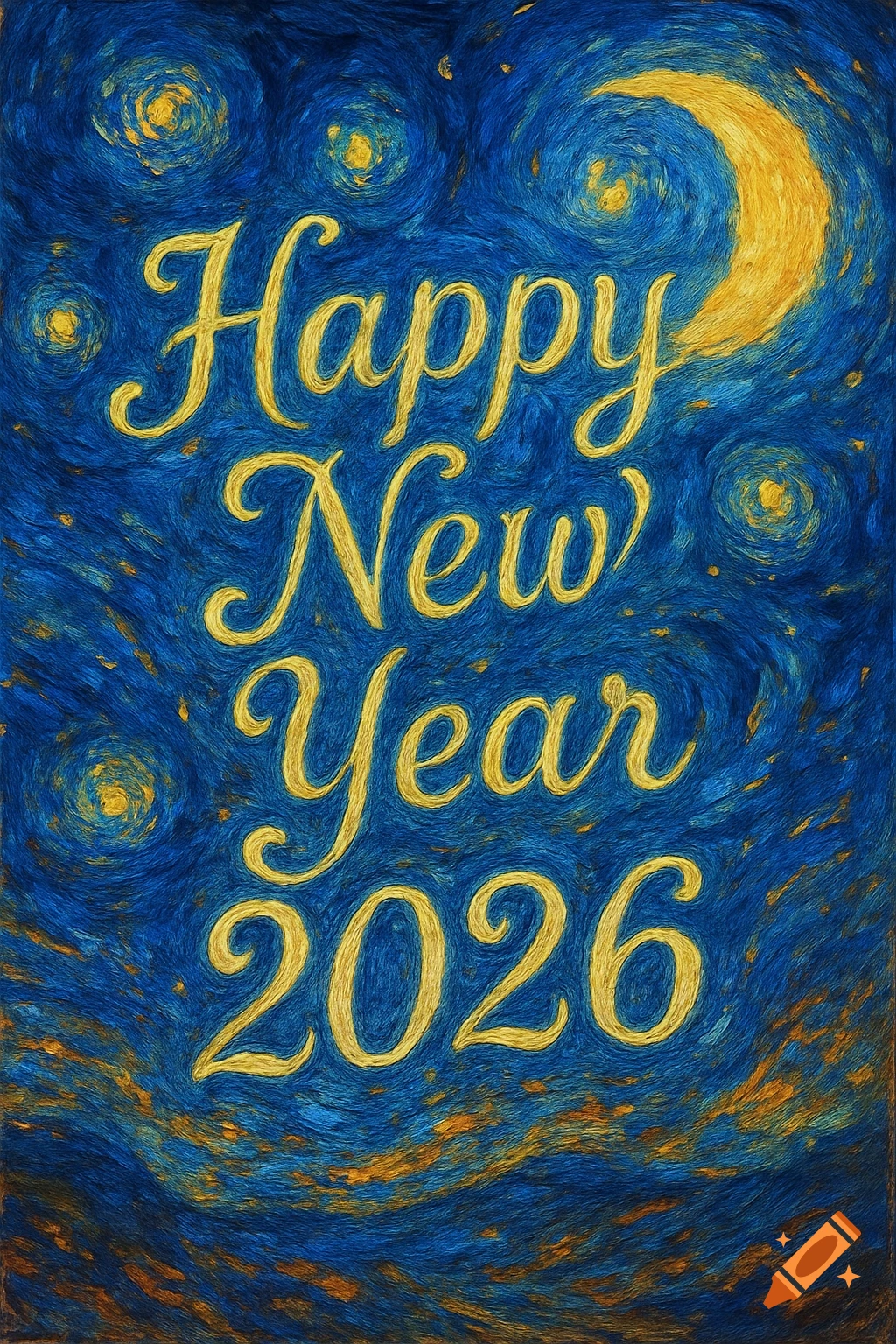 Golden "Happy New Year 2026" text on a vibrant blue Van Gogh-style ...