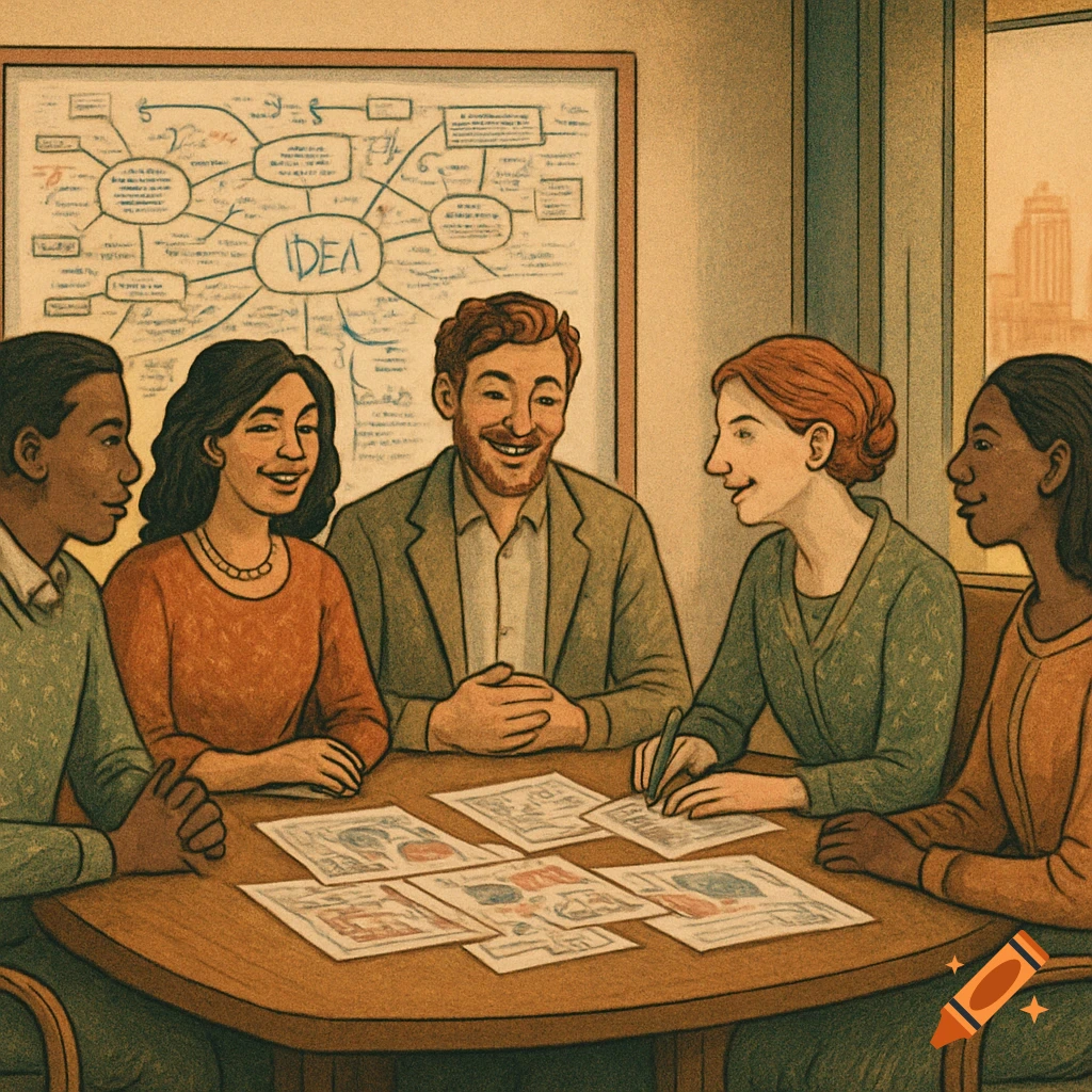 Five diverse colleagues brainstorm at an office table with documents ...