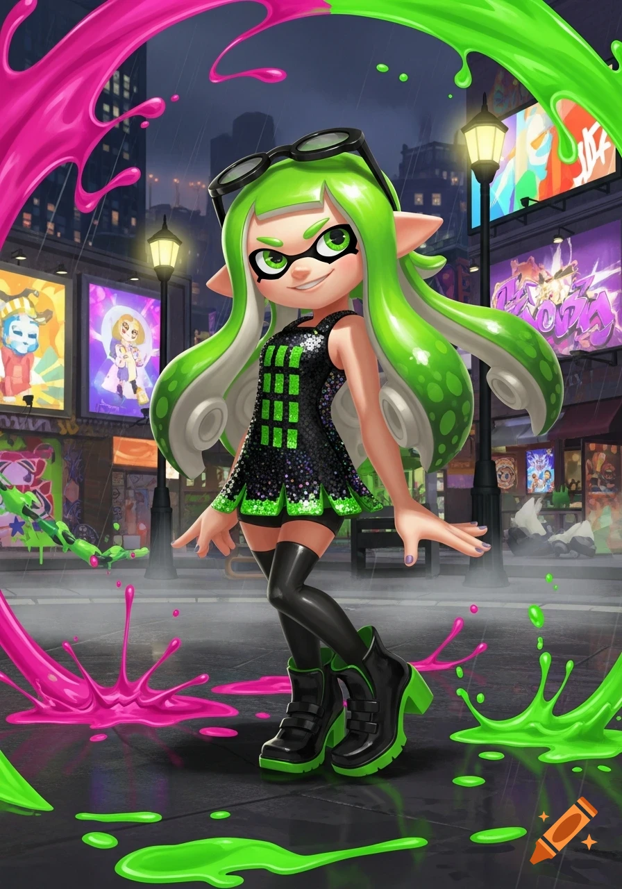 A Splatoon Inkling girl with green tentacles, black glasses, and a ...