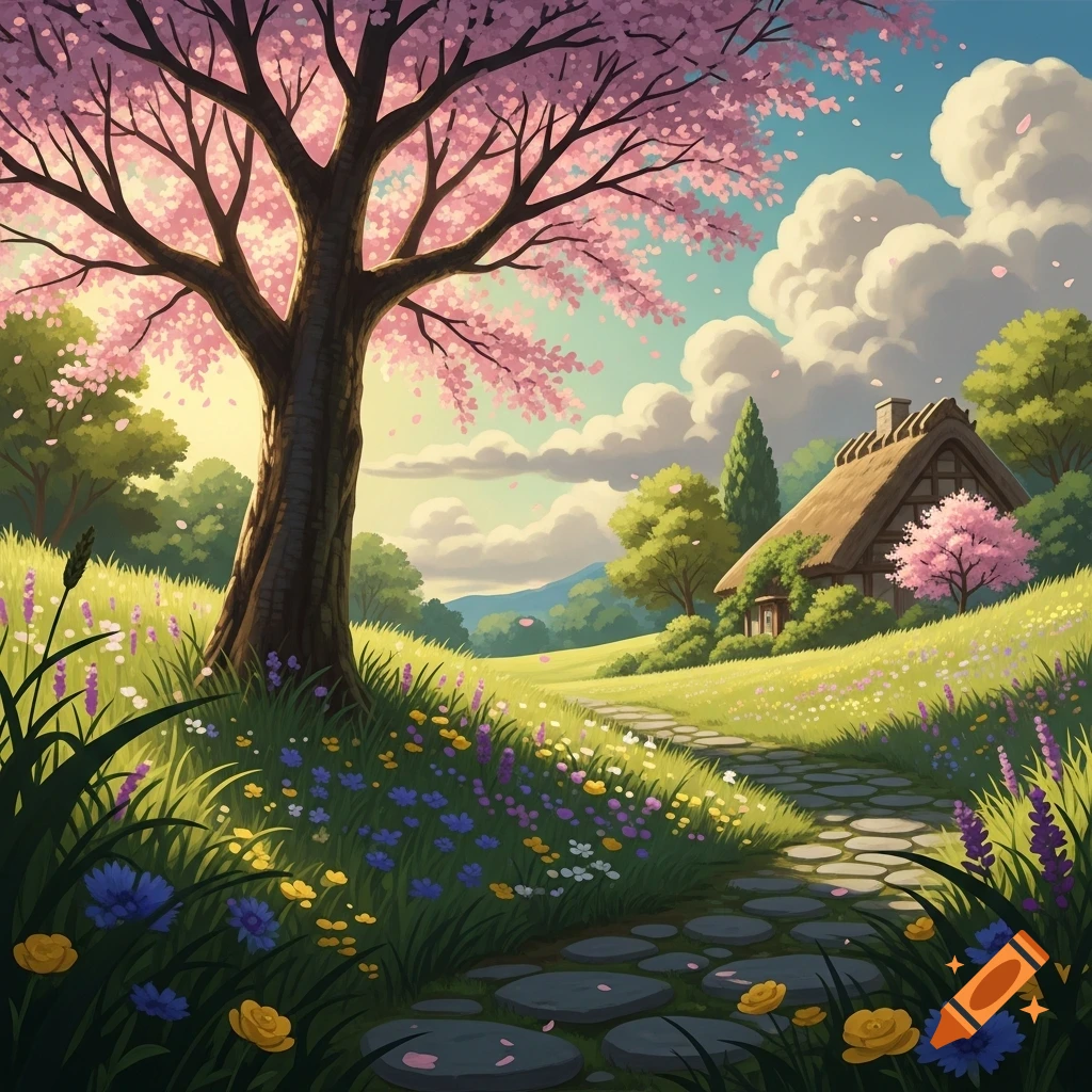 A vibrant spring landscape with a cherry blossom tree, stone path ...