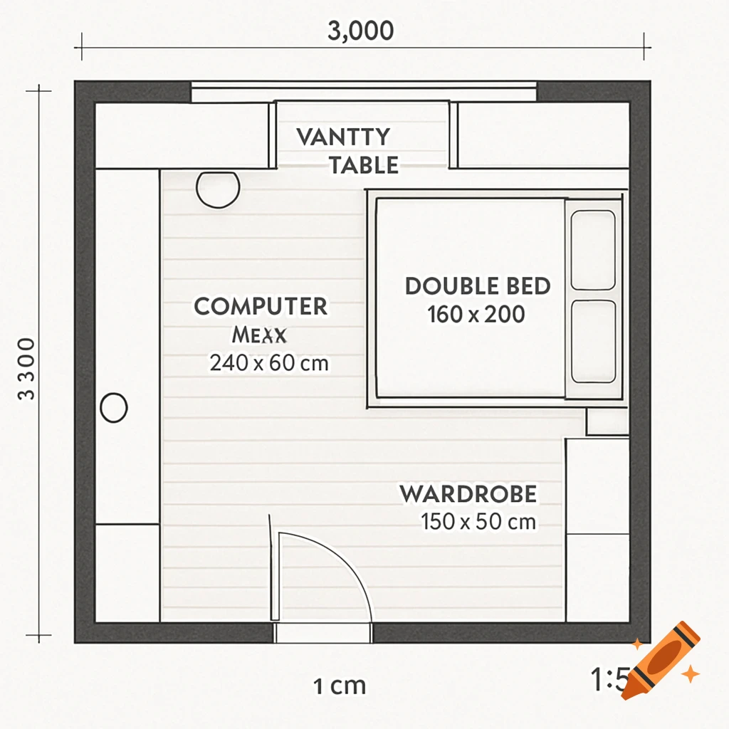 Top-down 2D floor plan of a bedroom with a double bed, computer desk ...