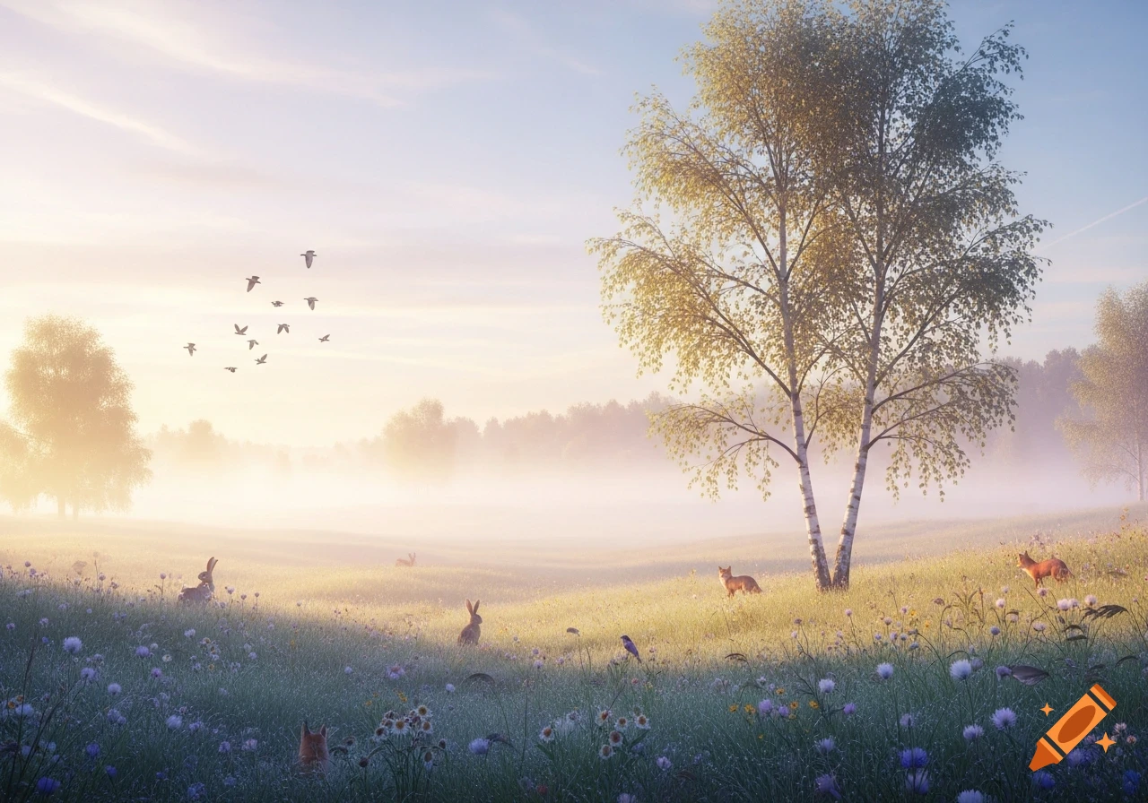 A serene foggy morning landscape with a large birch tree, rabbits ...