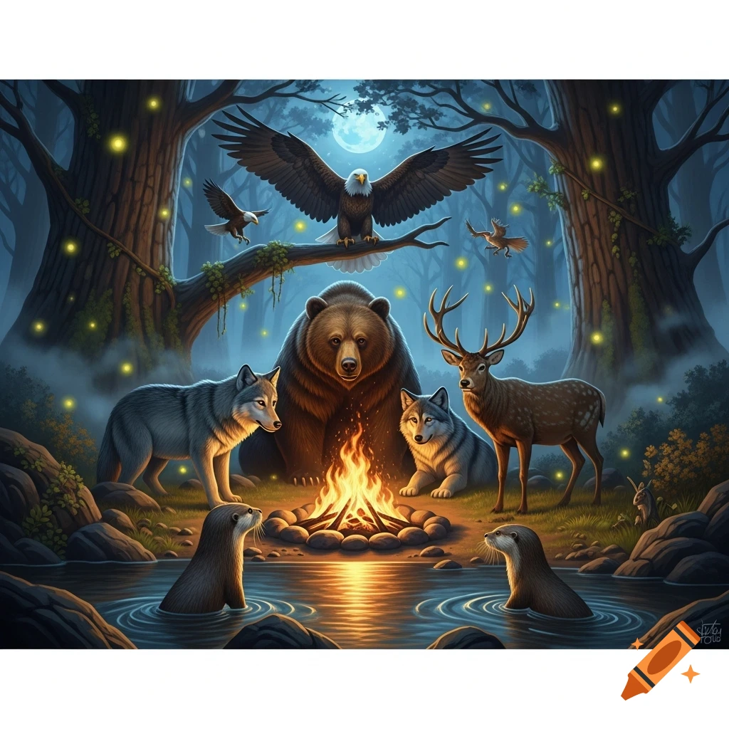 A bear, two wolves, a deer, and two otters gather around a campfire in ...