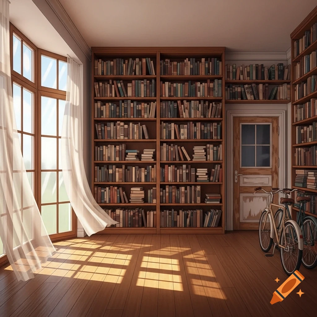 A cozy library room with wall-to-wall bookshelves, a bay window with ...