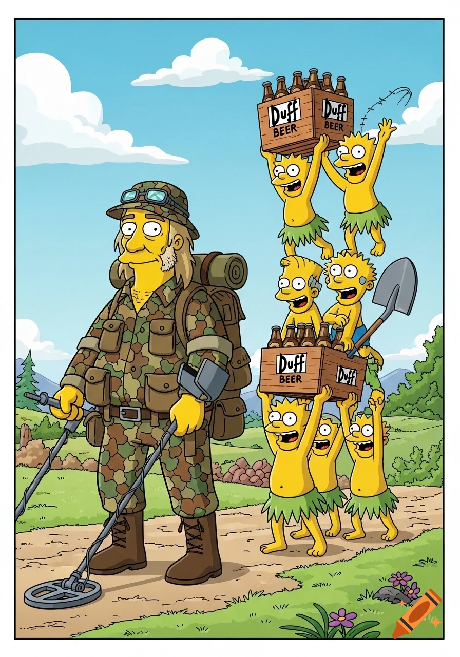 A man in a camouflage outfit and hat uses a metal detector, followed by ...