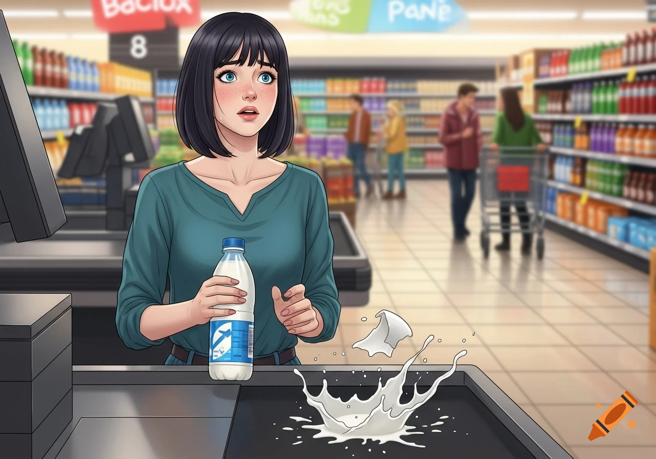 A young woman with short black hair looks distressed as a bottle of ...