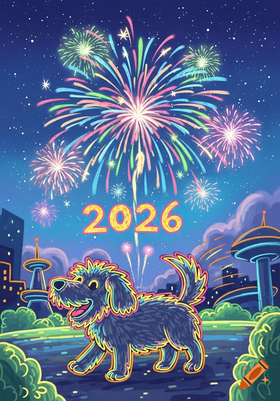 A vibrant cartoon illustration of a stylized dog walking under a night ...