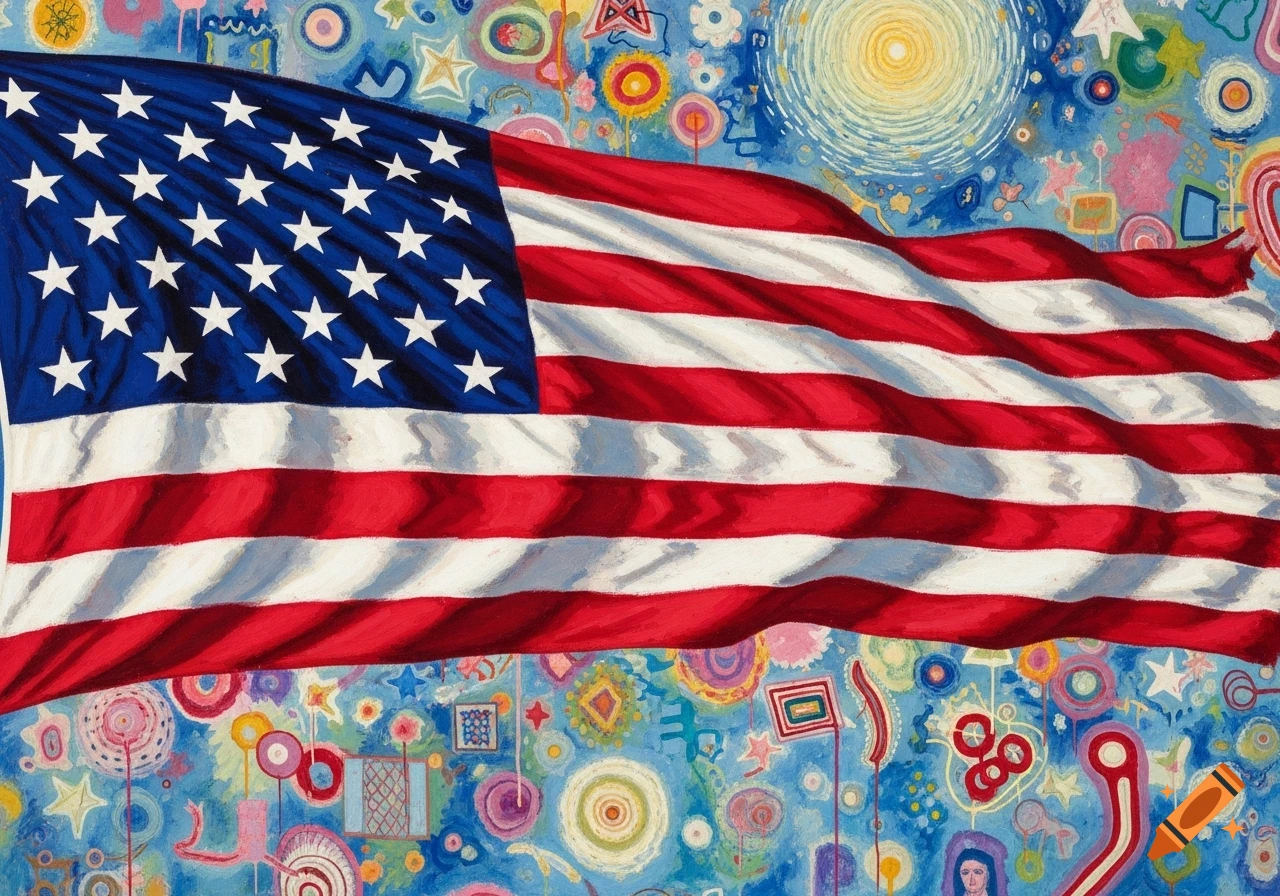 A painterly American flag with white stars on a blue field and red and ...