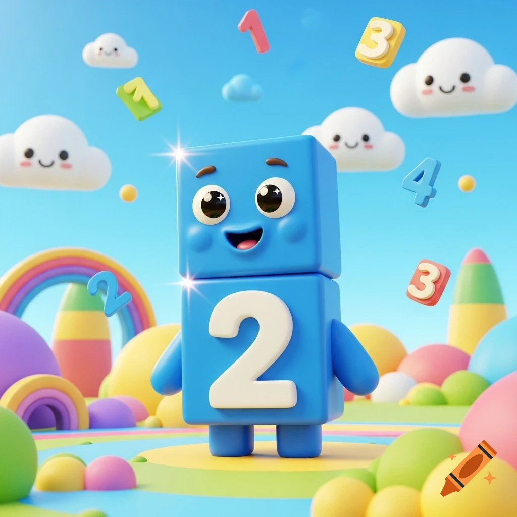 A cute, blue block character with the number 2 on its front, smiling in ...