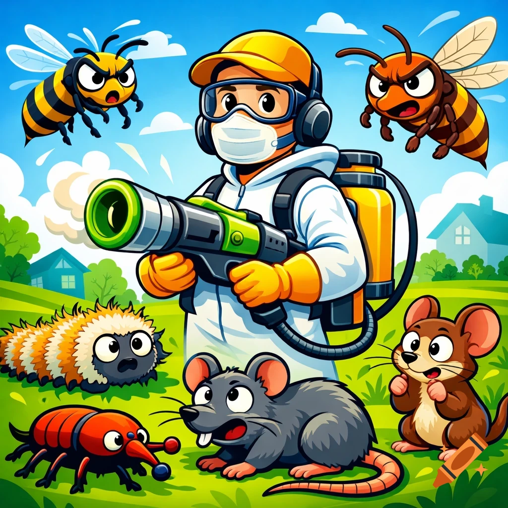 Cartoon pest control worker in a suit spraying at angry bees, a beetle ...