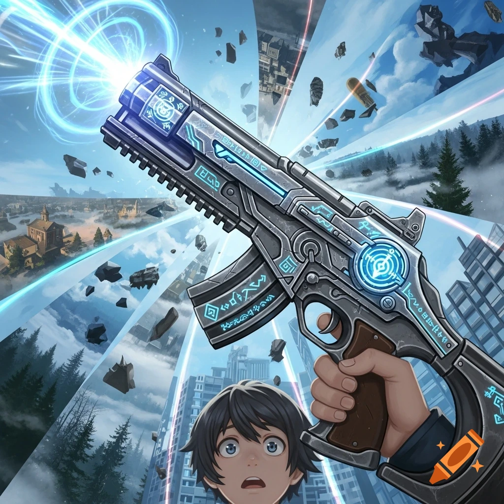 A surprised anime character looks up as a futuristic gun with glowing ...