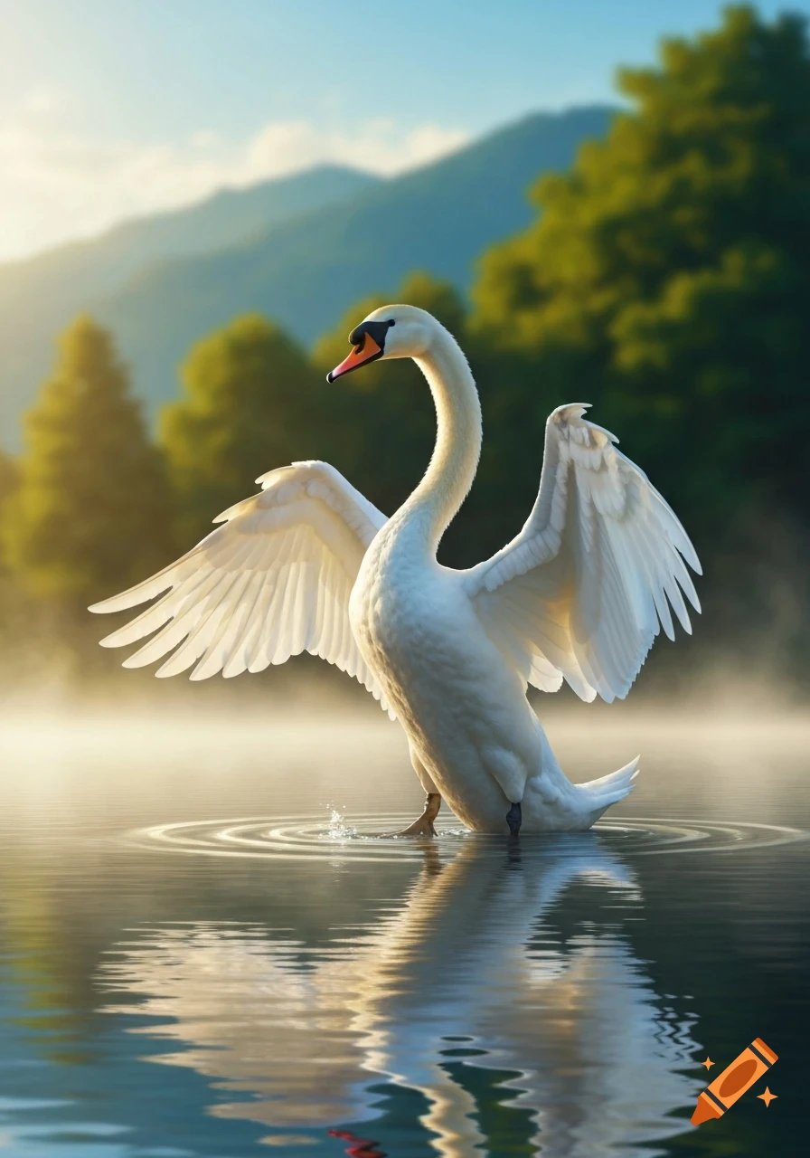 A majestic white swan with spread wings stands in a misty lake, with ...