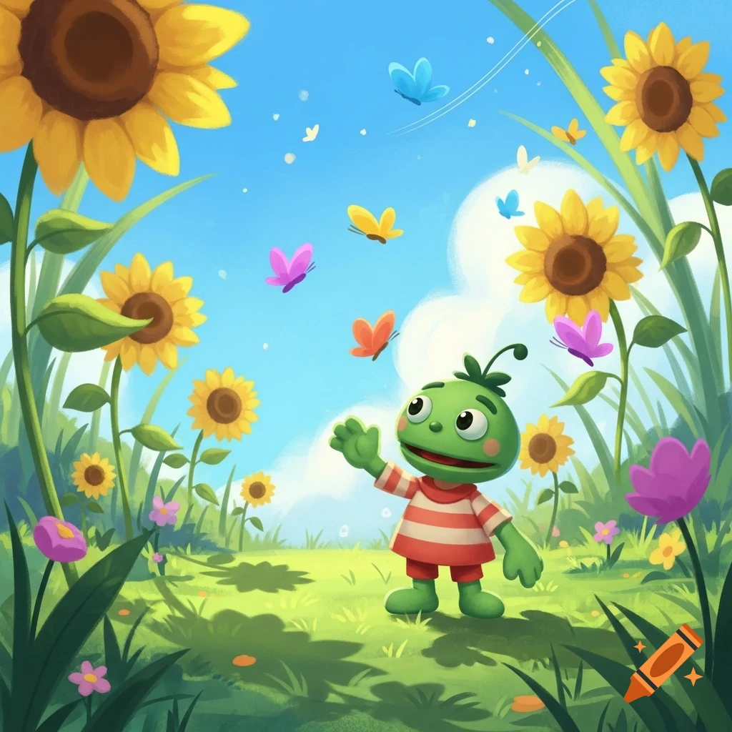 A friendly green cartoon character with antennae and a striped shirt ...