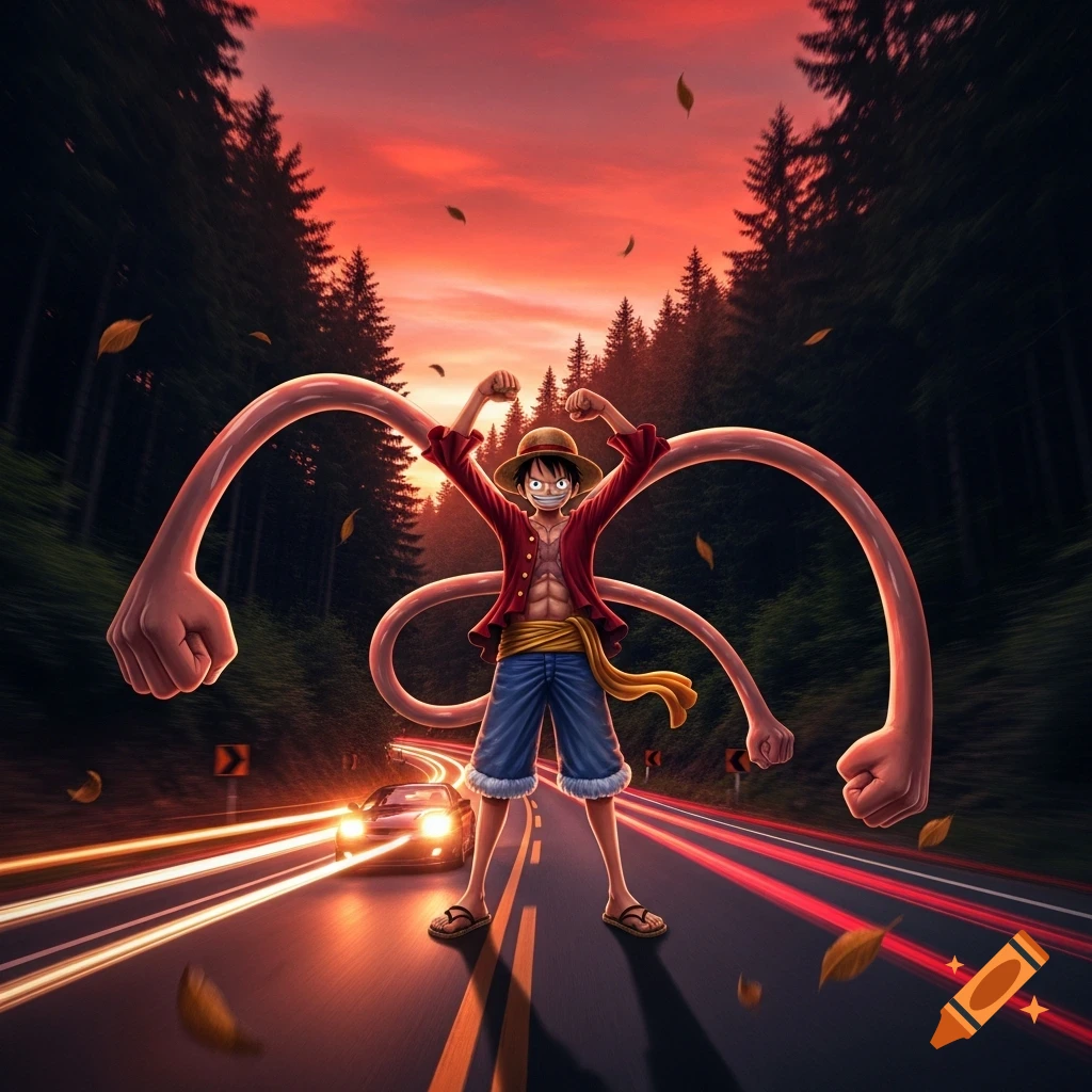 Monkey D. Luffy with stretched arms stands on a road with light trails ...