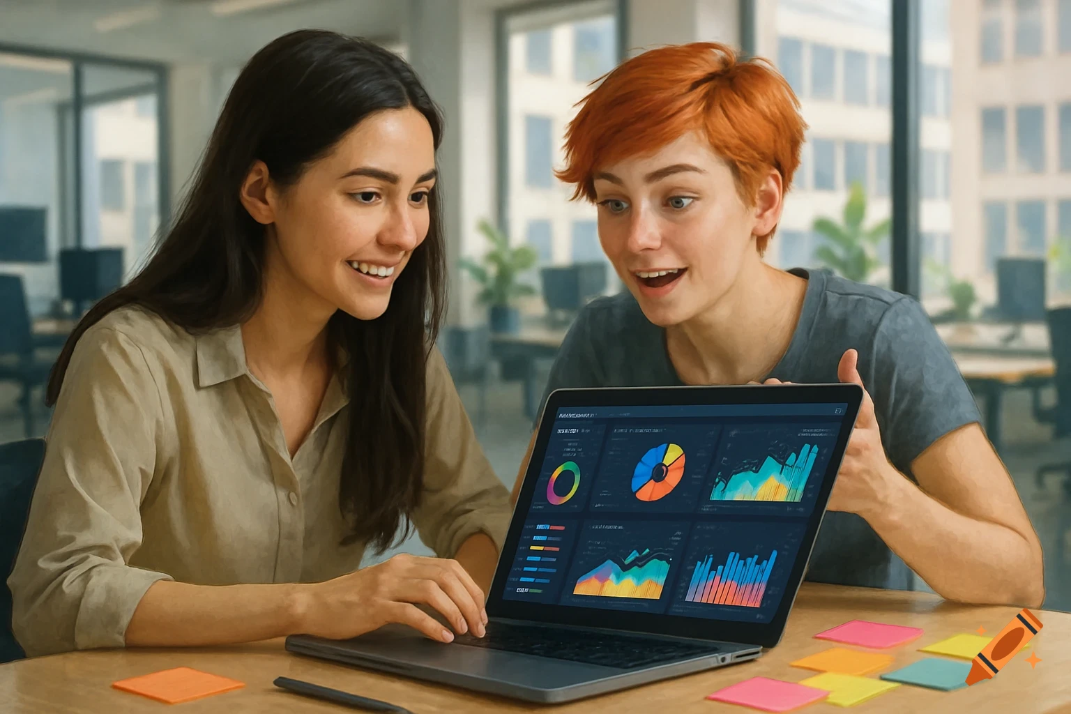 Two young women happily looking at data dashboards on a laptop in an ...