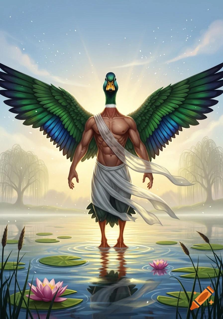 A muscular human body with a duck head and large green wings stands in ...