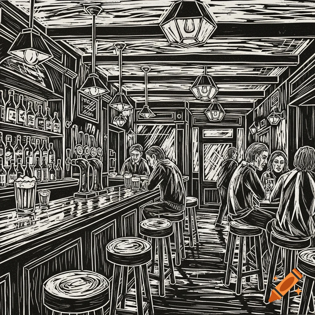 Black and white lino print of an old Irish bar scene with patrons ...