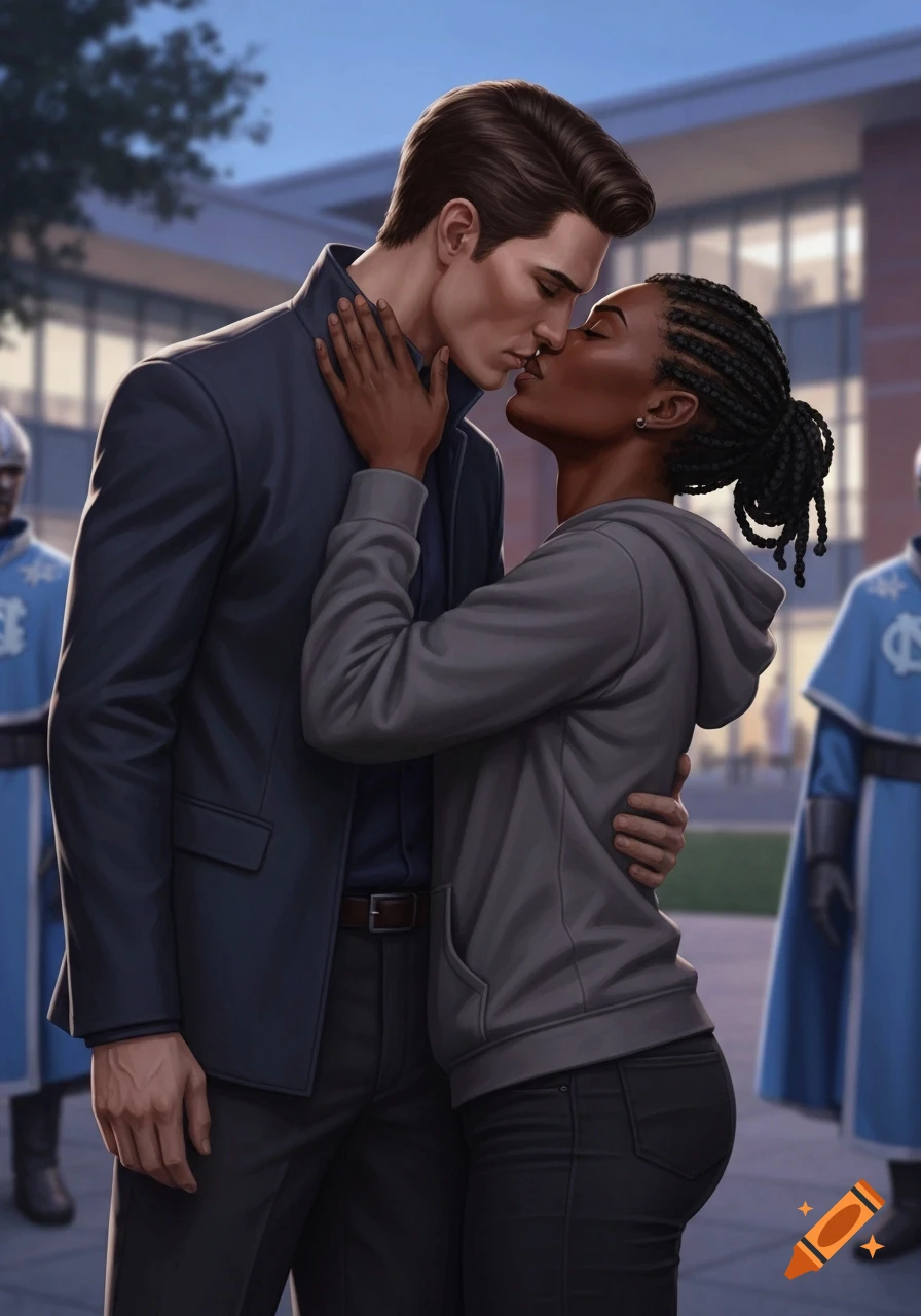 A digital illustration of a diverse couple passionately kissing ...