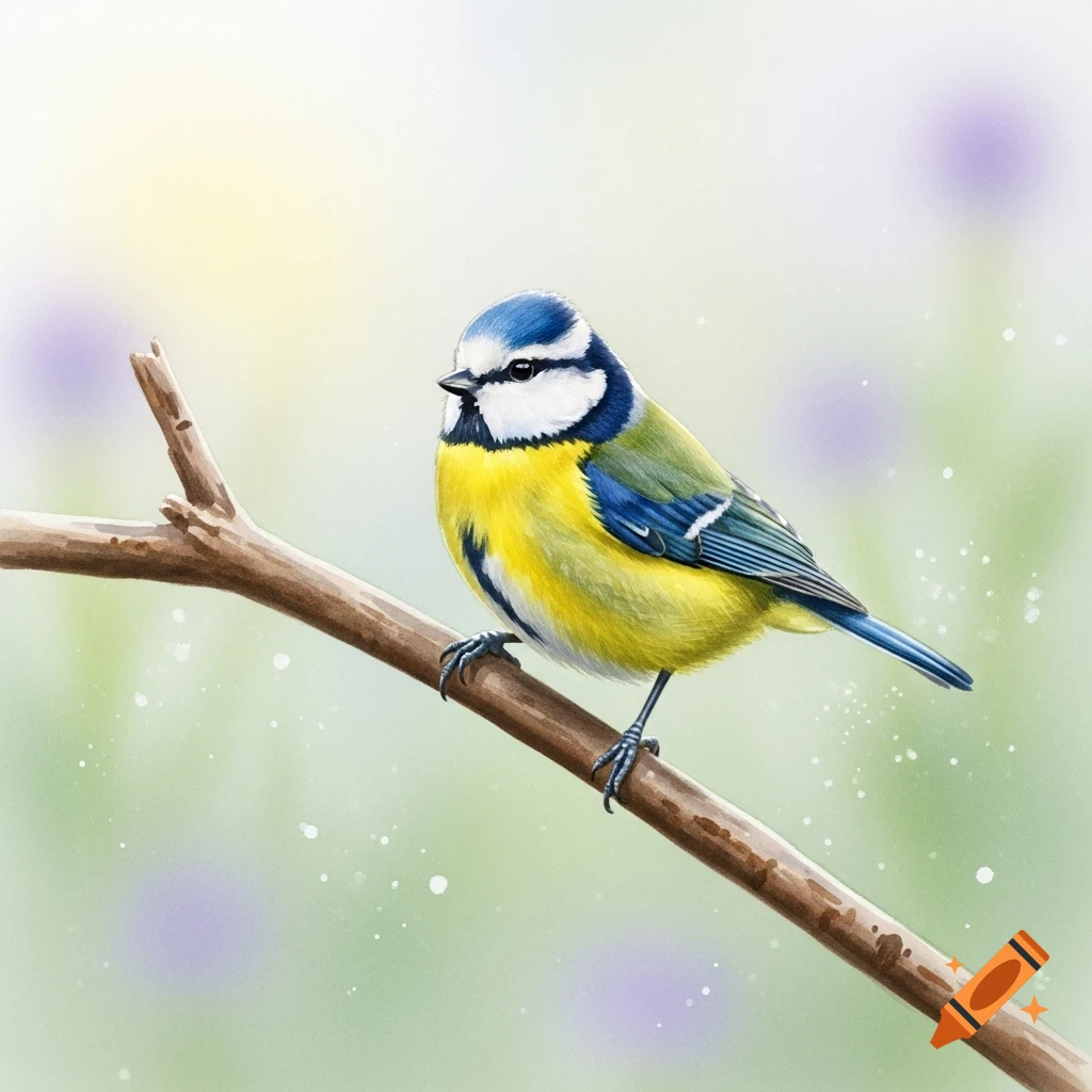 A blue tit bird with blue, yellow, and white feathers perches on a ...