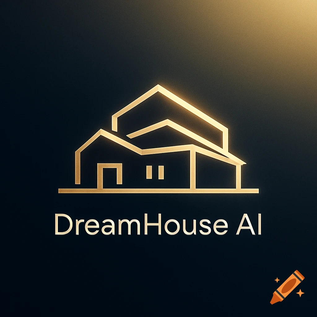 Minimalist gold outline logo of a house with "DreamHouse AI" text on a ...